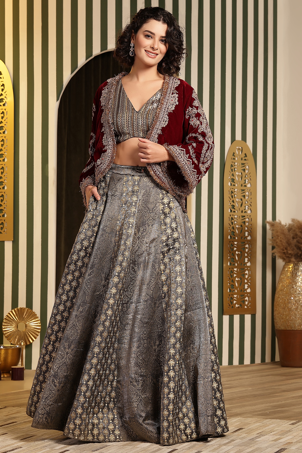 Grey Silk Foiled Embellished Pleated Skirt Set by Soniya G at Pernia's ...