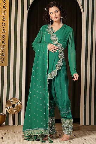 Tree Green Georgette Resham Work Angrakha Kurta Set by Soniya G at ...