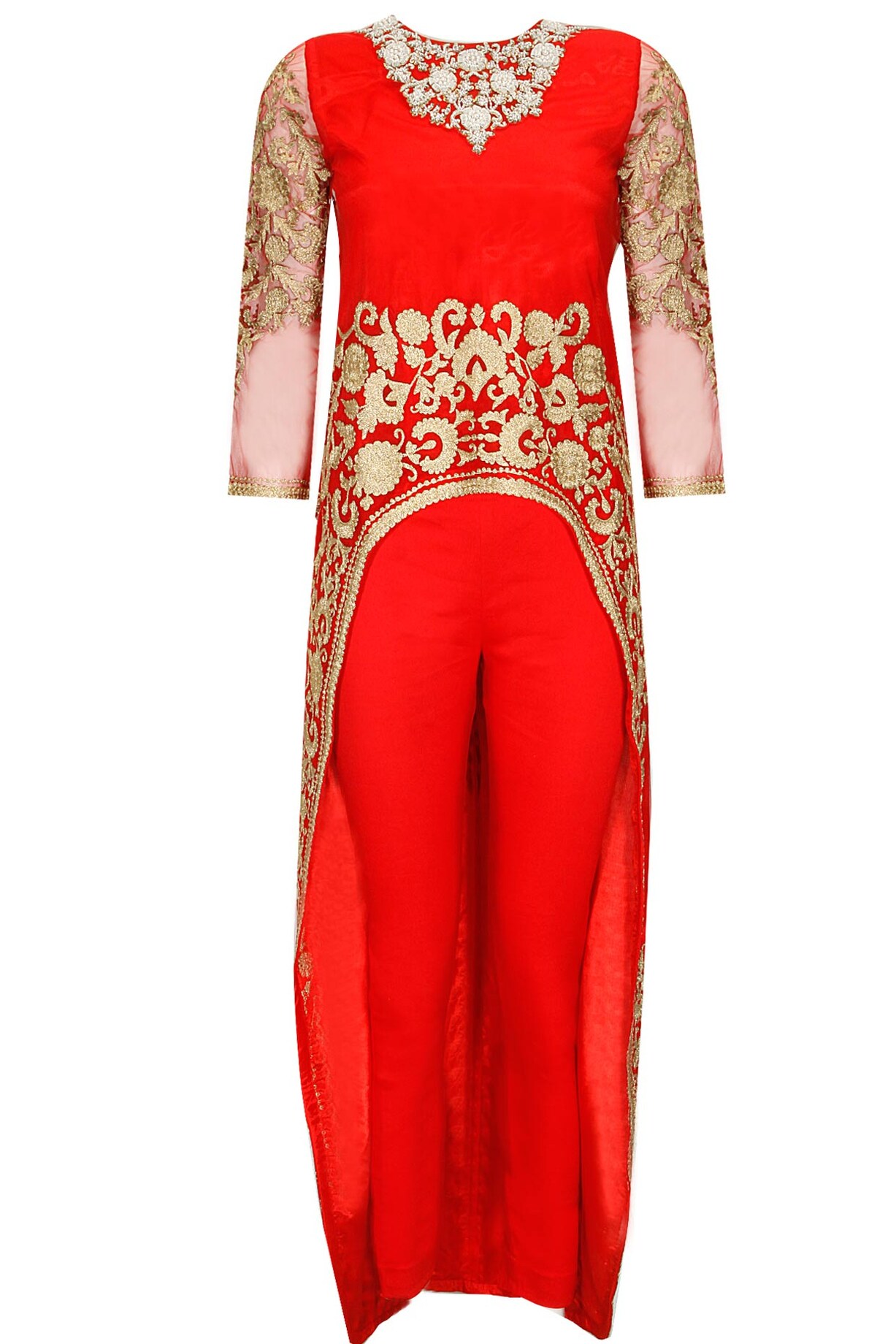 Red dabka embroidered cape with pants available only at Pernia's Pop-Up ...