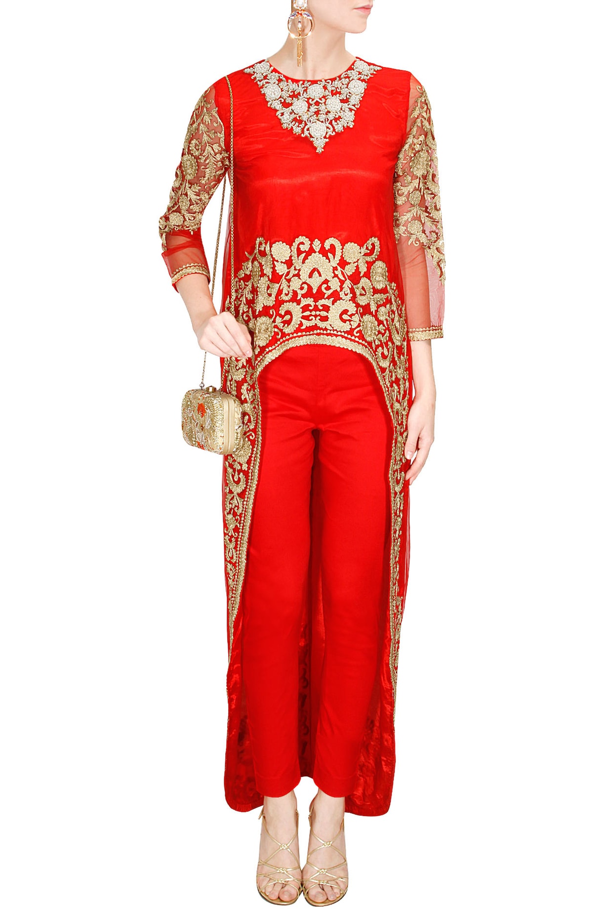Red dabka embroidered cape with pants available only at Pernia's Pop-Up ...