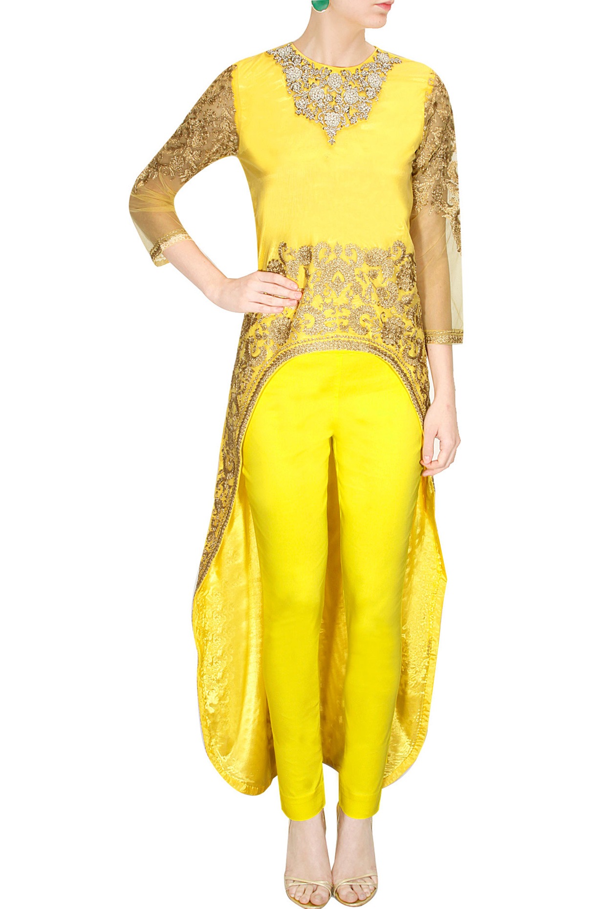 Yellow dabka embroidered cape with pants available only at Pernia's Pop ...