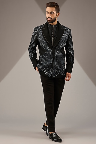 Black Micro Suiting Hand Embroidered Tuxedo Set by Soltee By Sulakshana ...