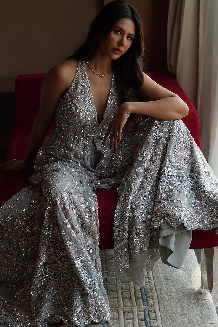 Ash Grey Embroidered Sharara Set Design by Seema Gujral at Pernia's Pop ...