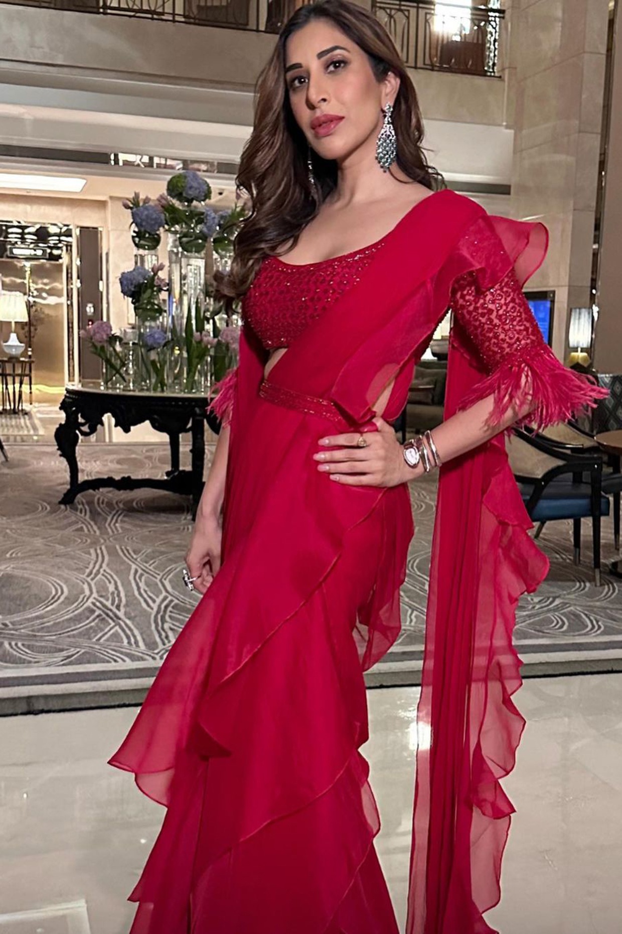 Red Chiffon Organza Draped Ruffled Saree Set by Ridhi Mehra at Pernia's ...