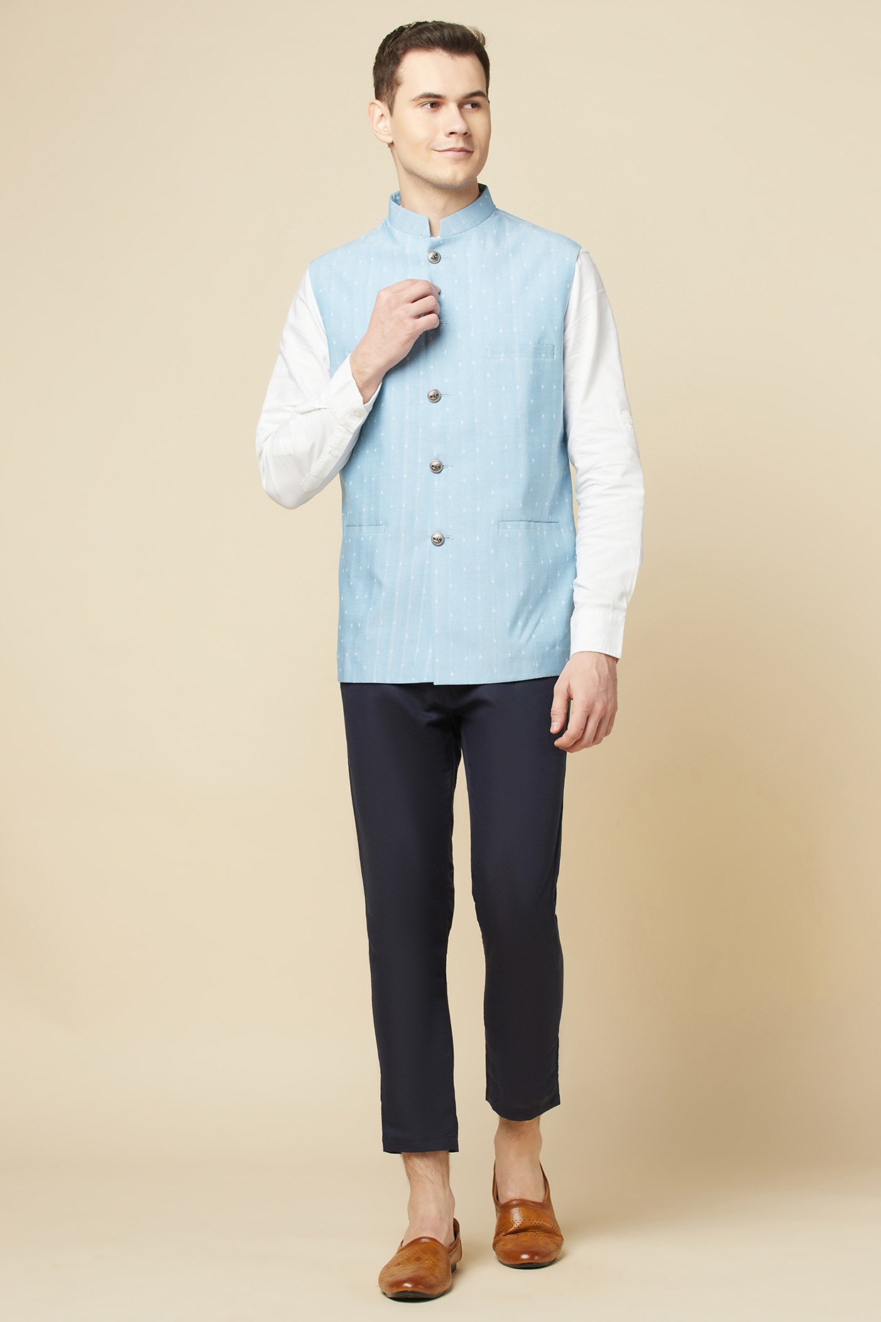 Sky Blue Cotton Printed Bundi Jacket With Pant Set by Spring Break Men ...