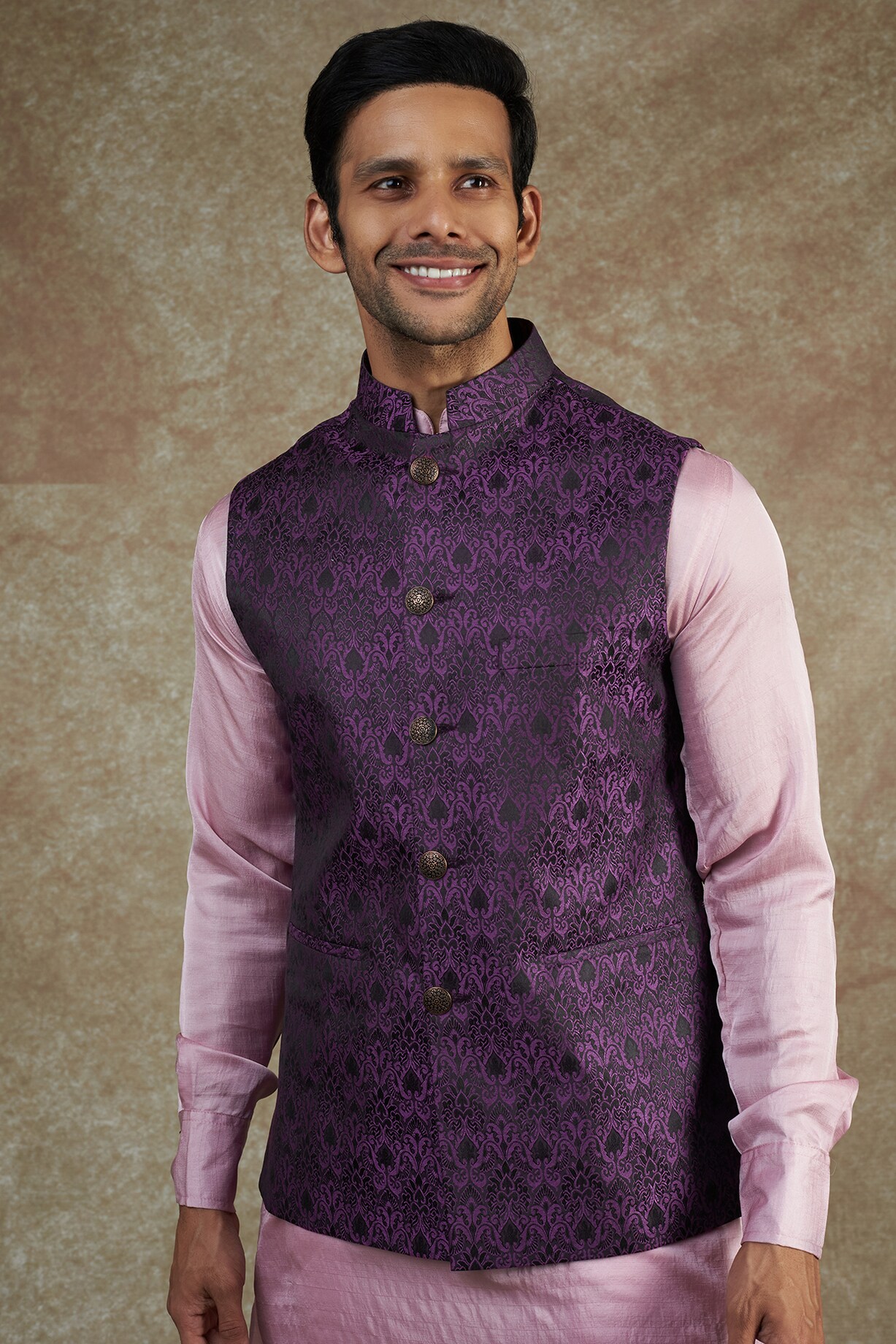 Buy SPRING BREAK Purple Brocade Printed Bundi Jacket With Kurta Set at ...