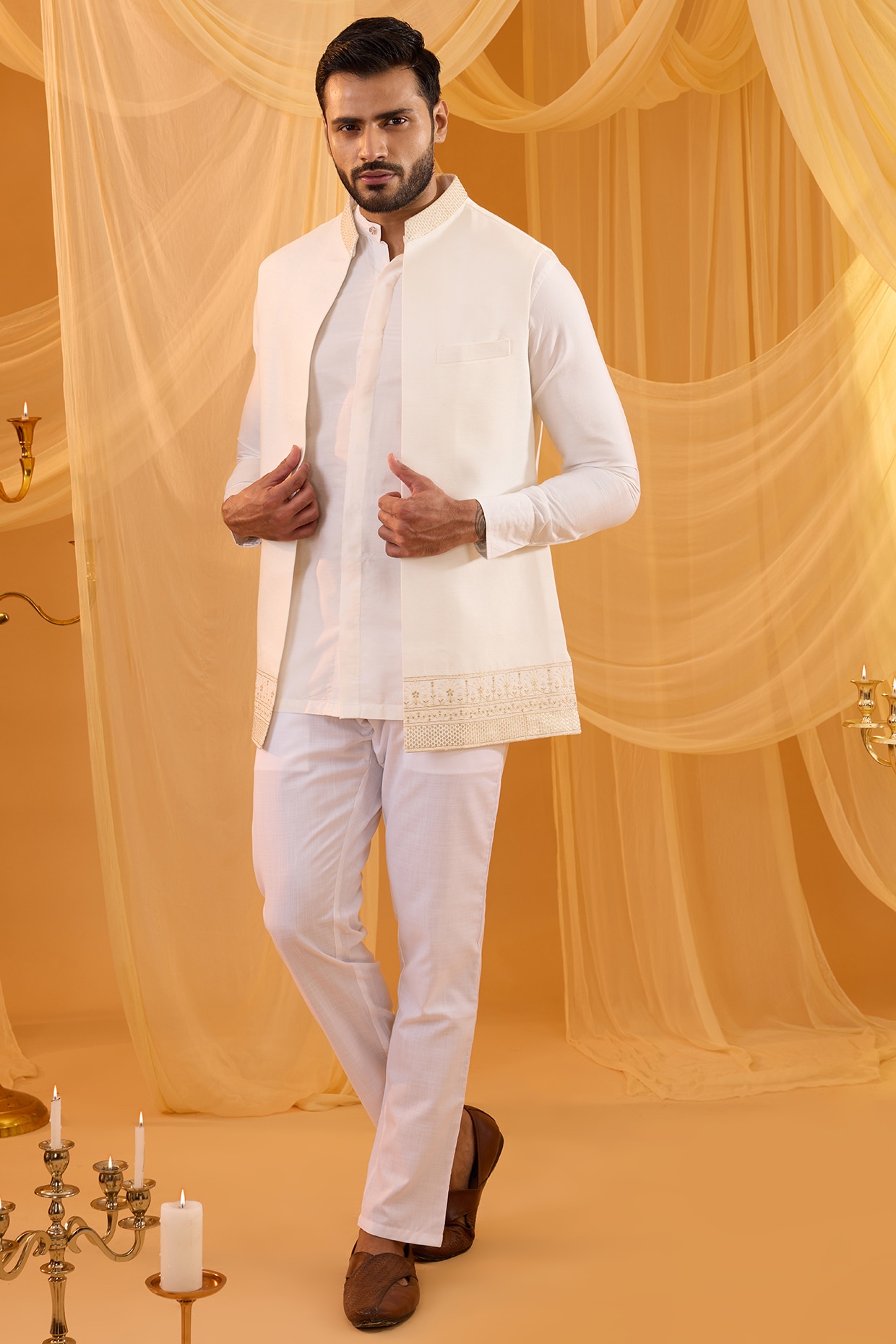 White Cotton Silk Applique Embroidered Indo-Western Set by Spring Break ...