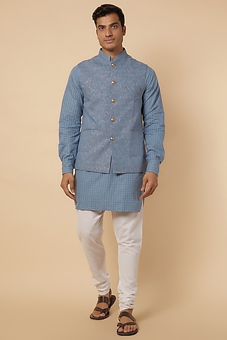 Blue Denim Shimmer Bundi Set by Spring Break Men at Pernia's Pop Up ...