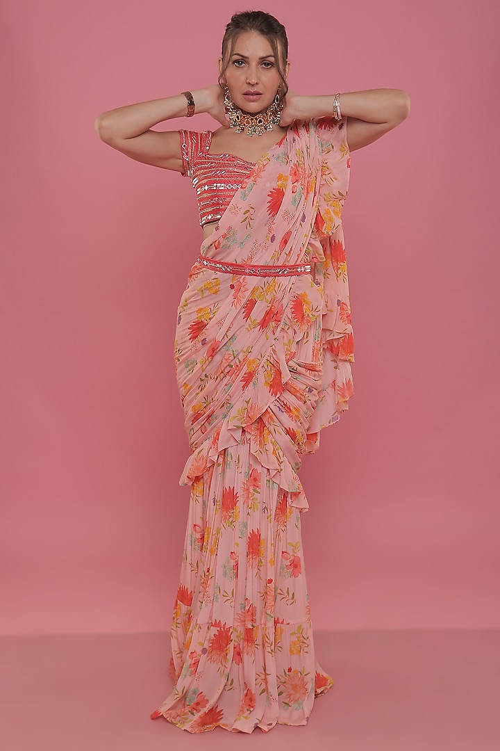 Rose Crepe Floral Printed Pre-Draped Saree Set by Seams Pret & Couture ...