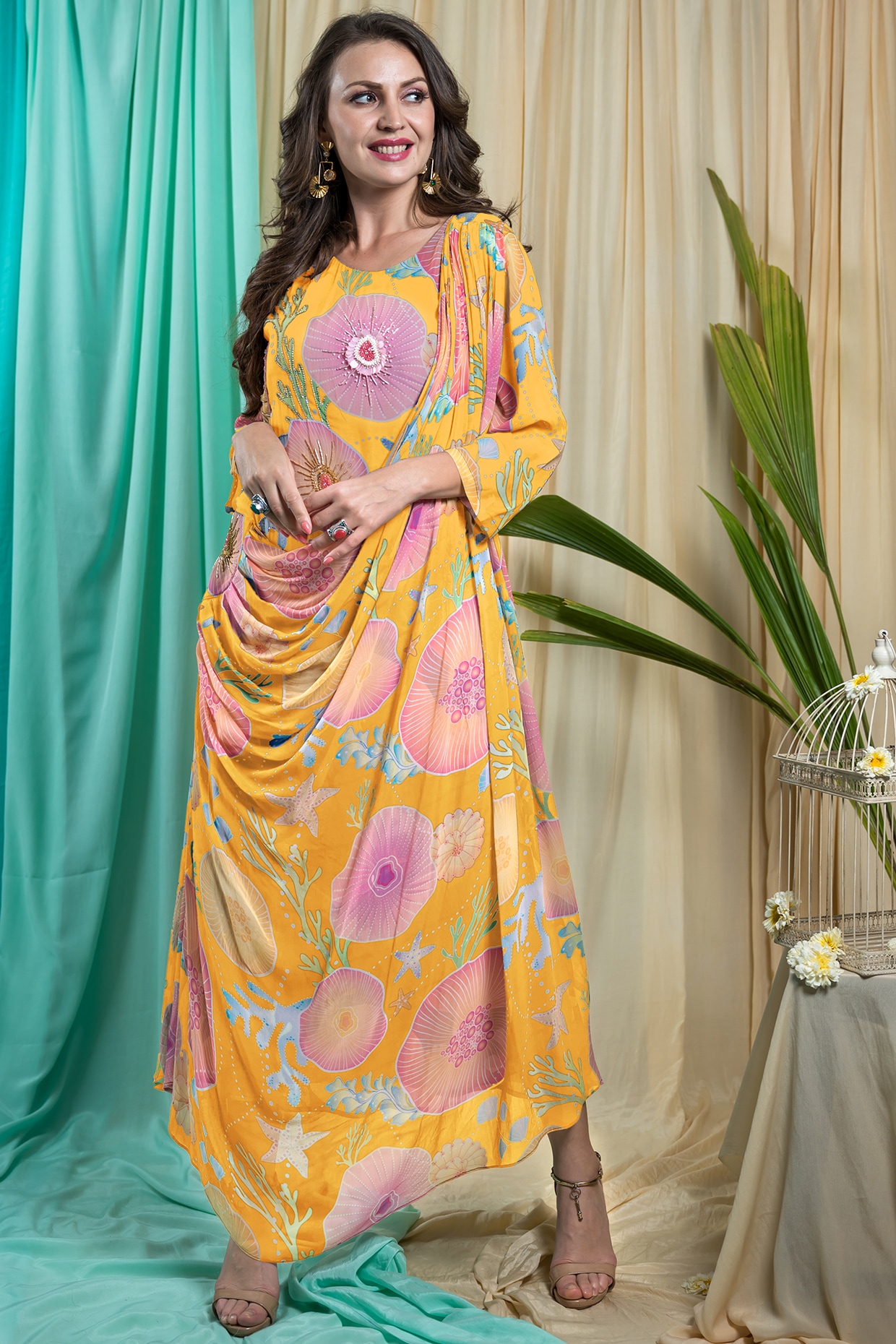 Mustard Crepe Printed Gown by Seams Pret & Couture at Pernia's Pop Up ...