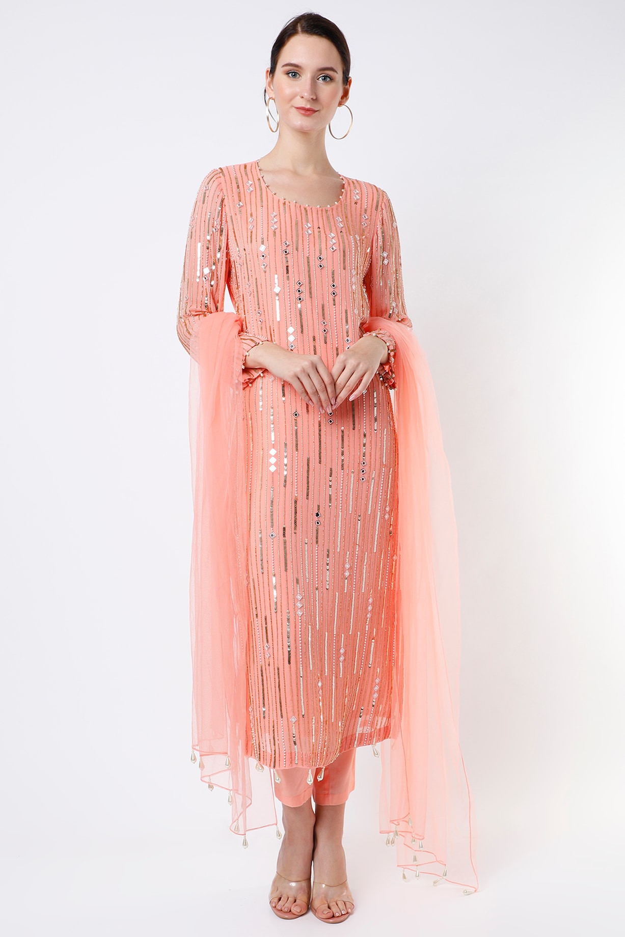 Peach Hand Embroidered Kurta Set Design by Seams Pret & Couture at ...