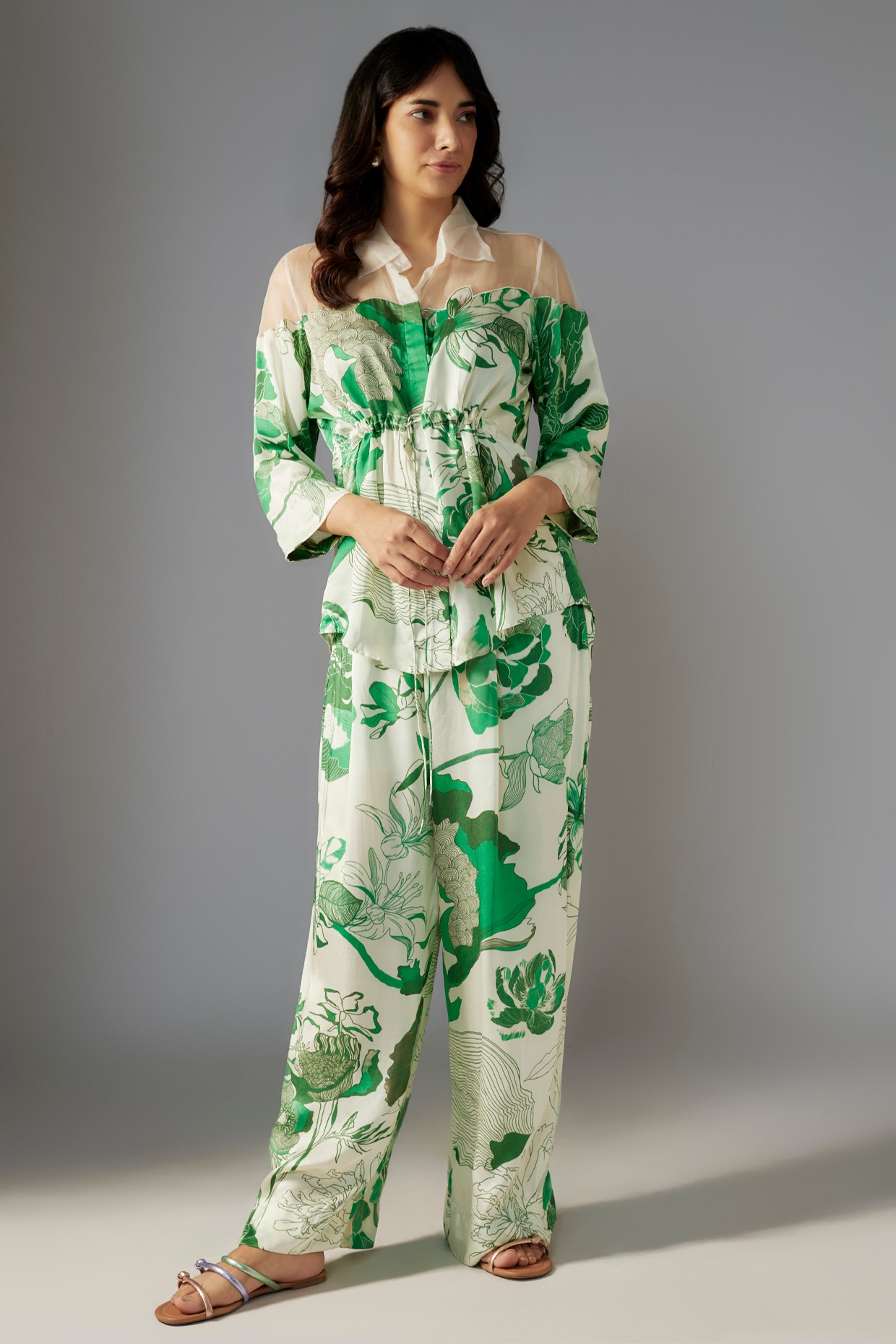 Sheer Green Silk Satin Bloom Printed Co-ord Set by Radical at Pernia's ...