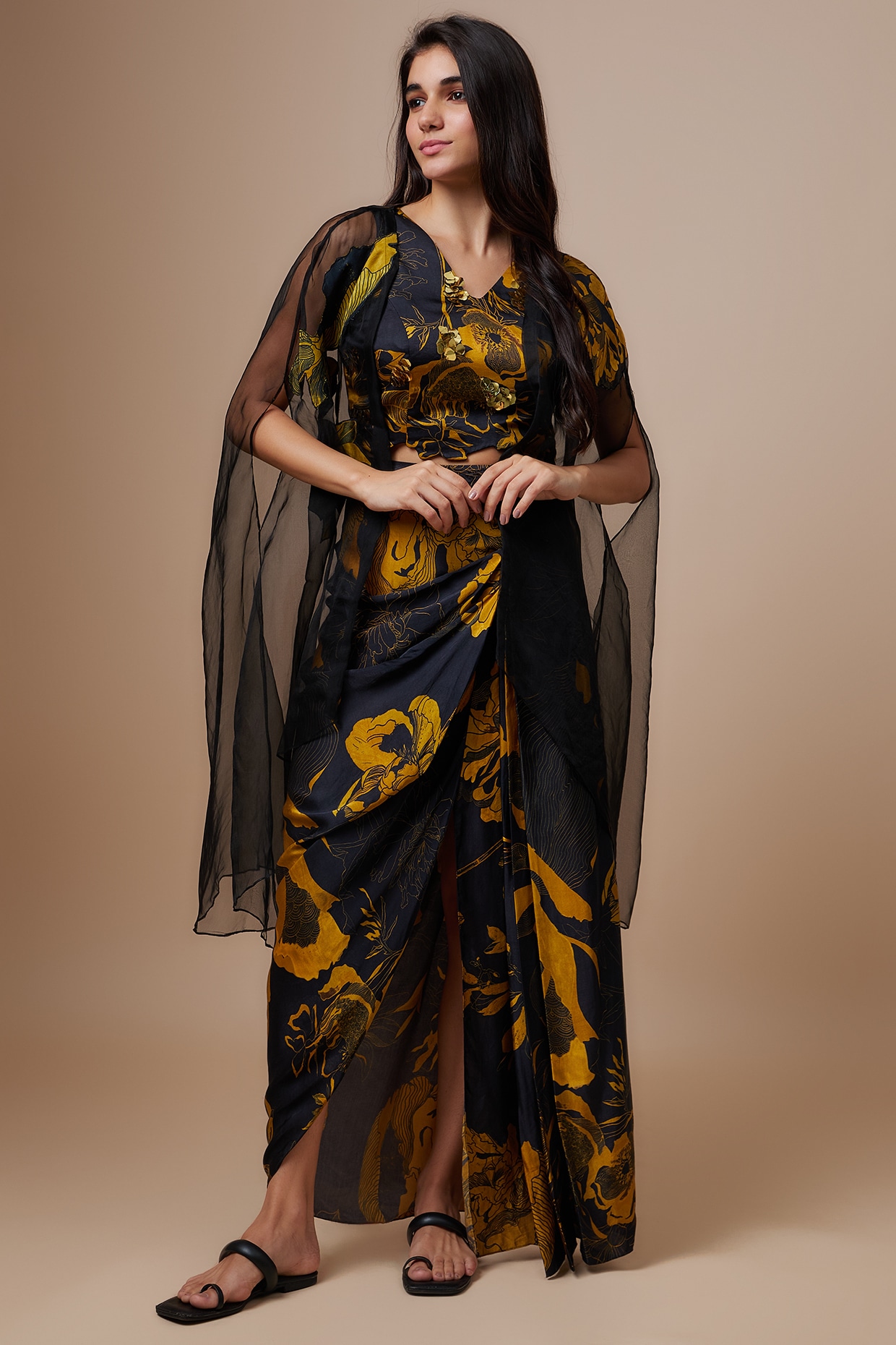 Black Silk Satin Printed Skirt Set by Radical at Pernia's Pop Up Shop 2025