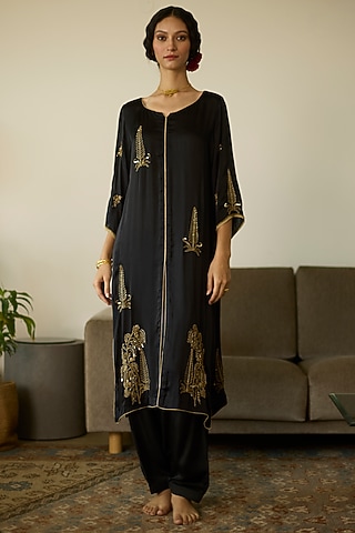 Black Satin Georgette Hand Embroidered Kurta Set by Sarang Kaur at ...