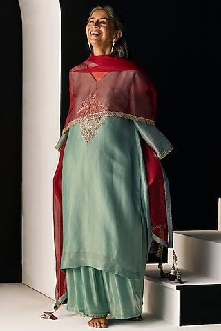 Blue Tissue Silk Hand Embroidered Kurta Set by Sarang Kaur at Pernia's ...
