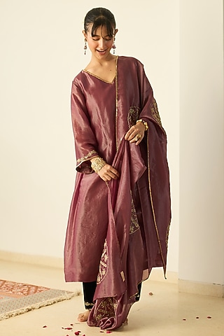 Purple Tissue Silk Hand Embroidered Kurta Set by Sarang Kaur at Pernia ...