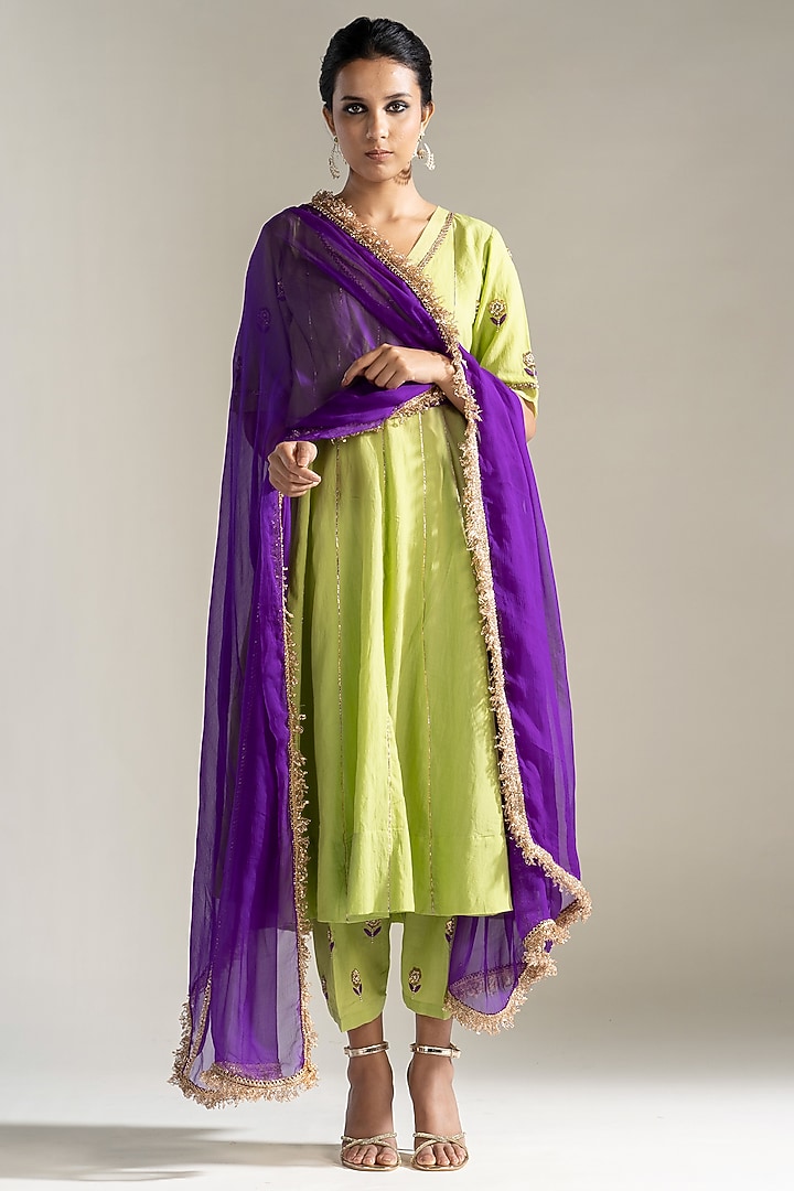 Green Cotton Embroidered Kalidar Kurta Set by Sareeka H & Mukkta Dograa ...