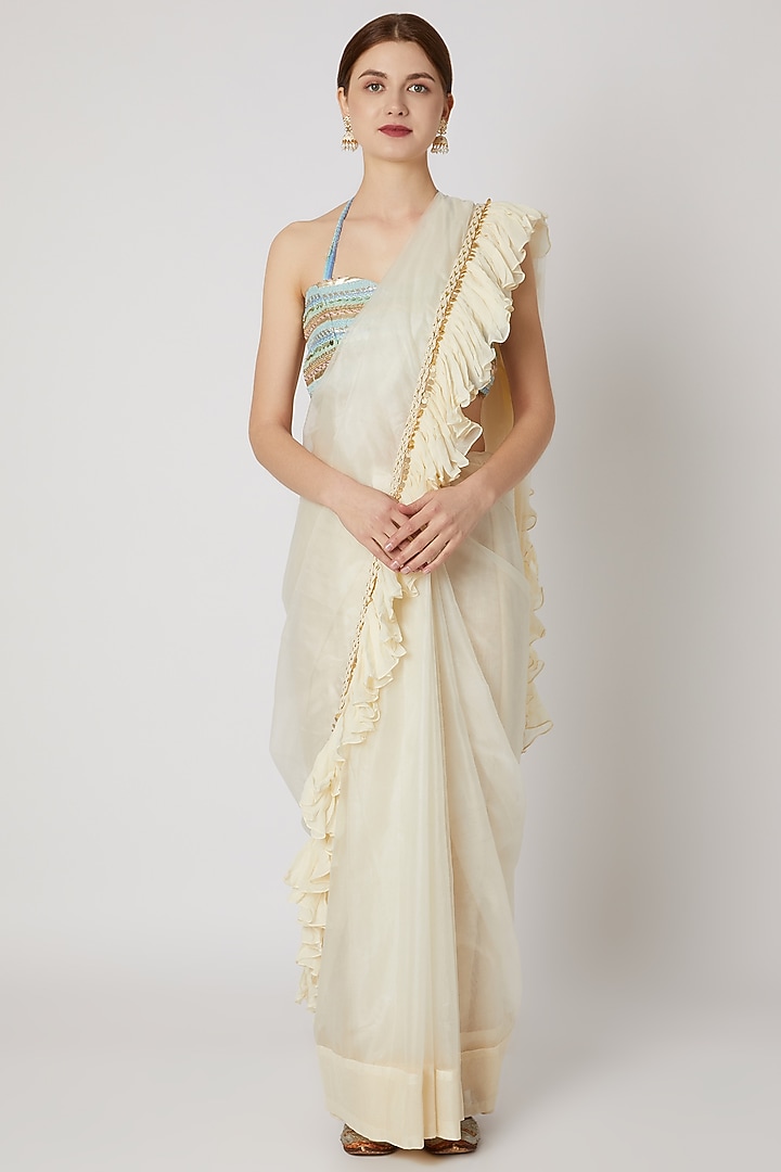 White & Sky Blue Embroidered Frilled Saree Set by A-Sha by Rishi ...