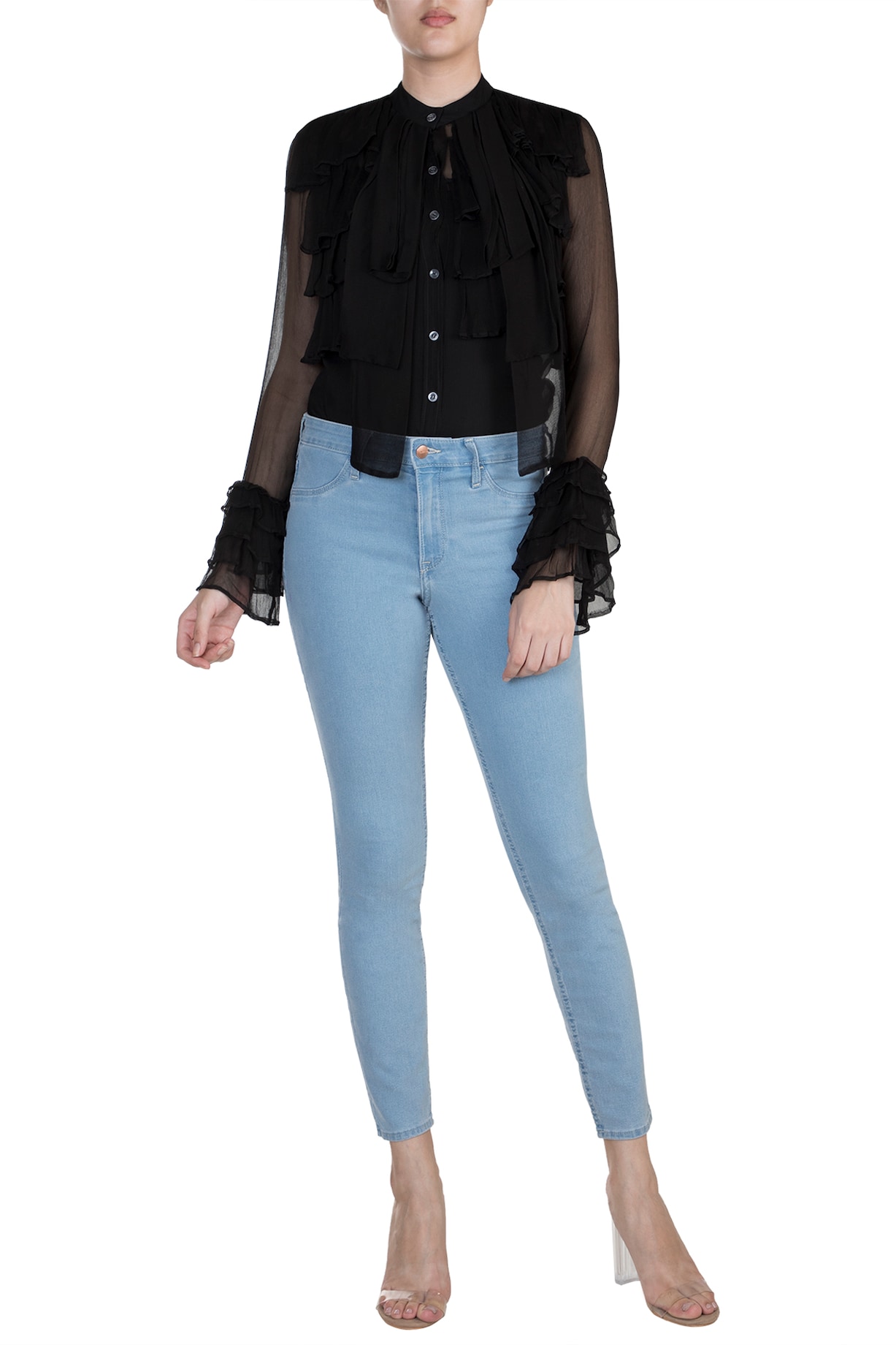 Black Sheer Ruffled Shirt Design by In my clothes by Shruti S at Pernia ...