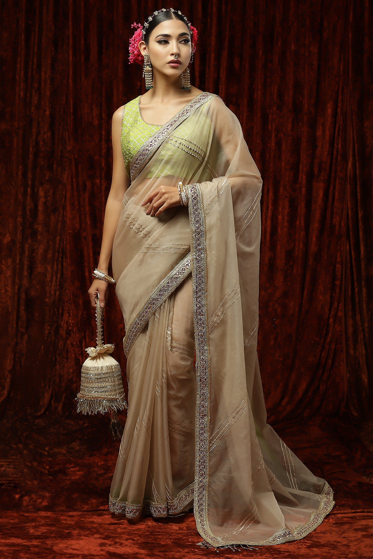Brown Silk Organza Badla & Kasab Work Saree Set by Shikhar Sharma at ...