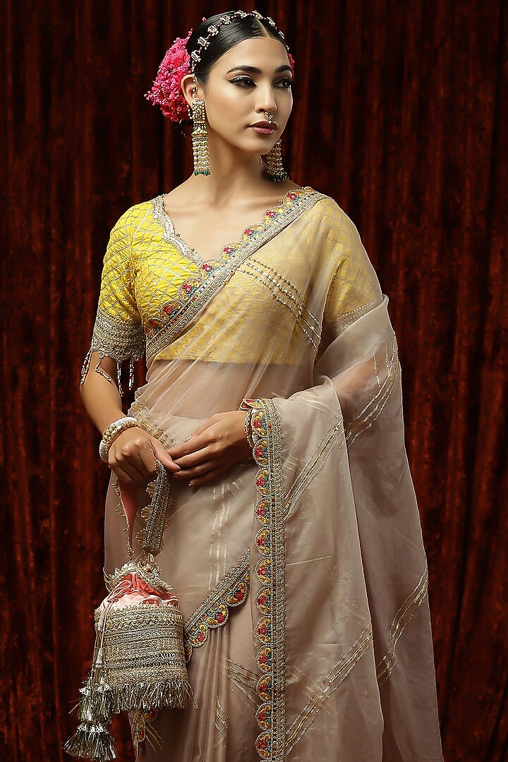 Brown Silk Organza Badla & Kasab Work Saree Set by Shikhar Sharma at ...