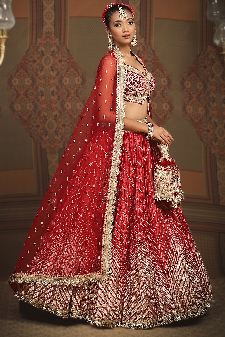 Deep Red Cotton Shimmer Net Gota Embroidered Crinkle Wedding Lehenga ...