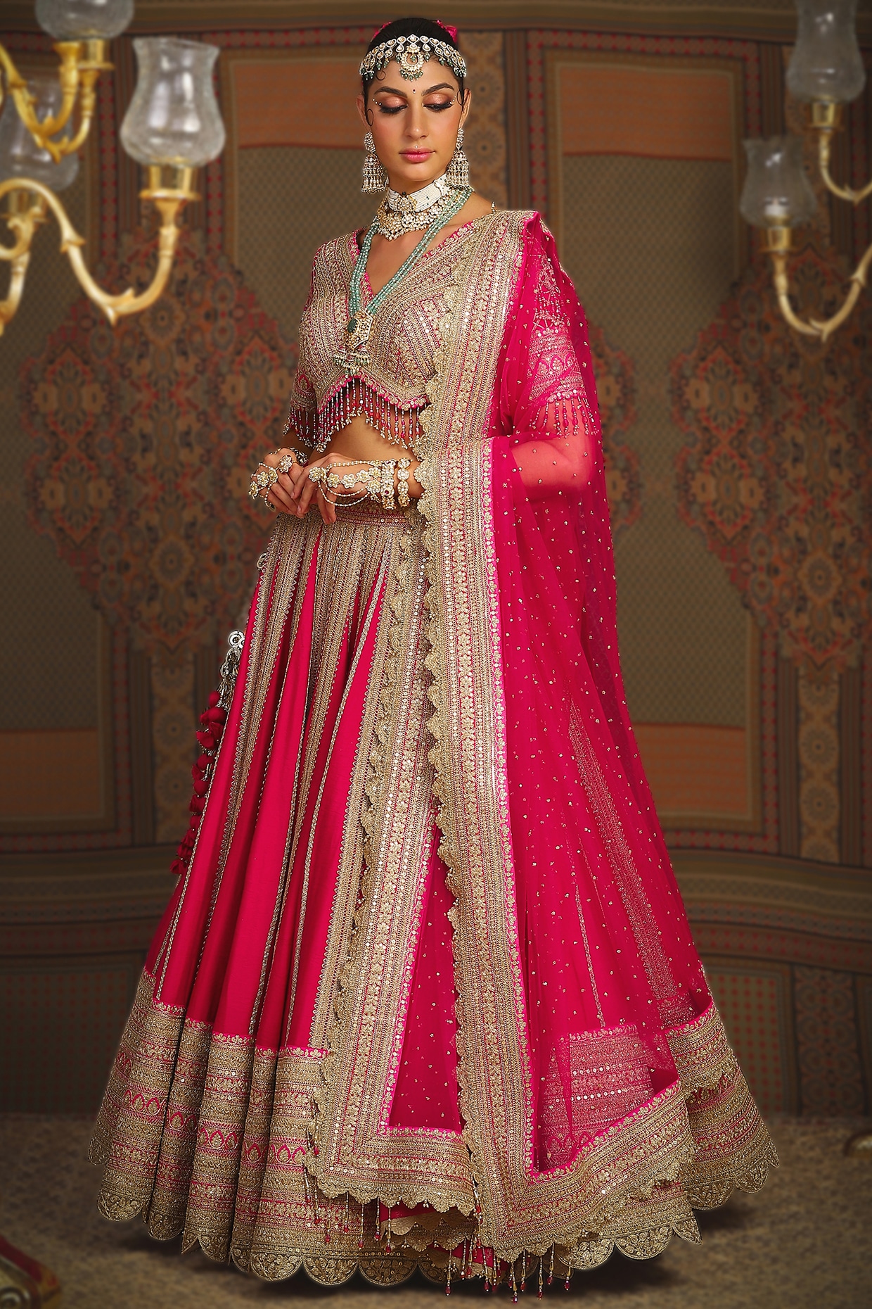 Bright Rani Pink Silk Chanderi Dori Embroidered Bridal Lehenga Set by ...
