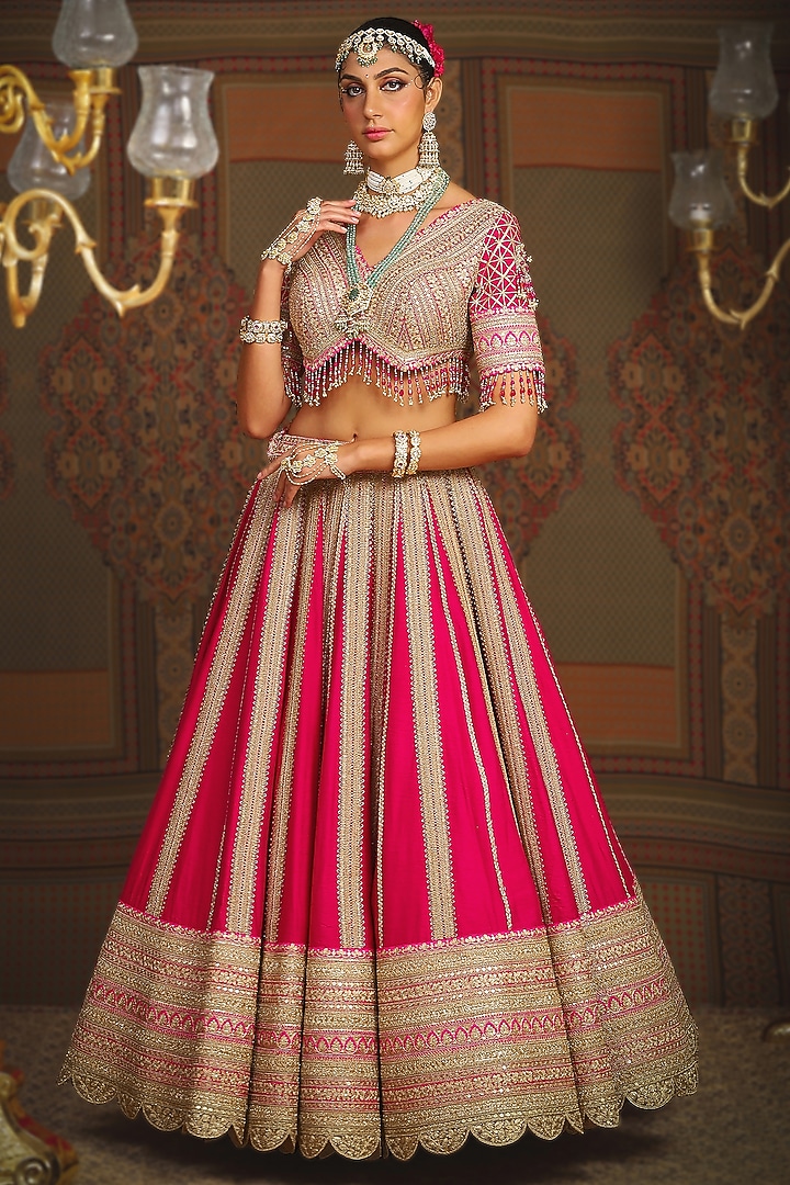 Bright Rani Pink Silk Chanderi Dori Embroidered Lehenga Set Design by ...