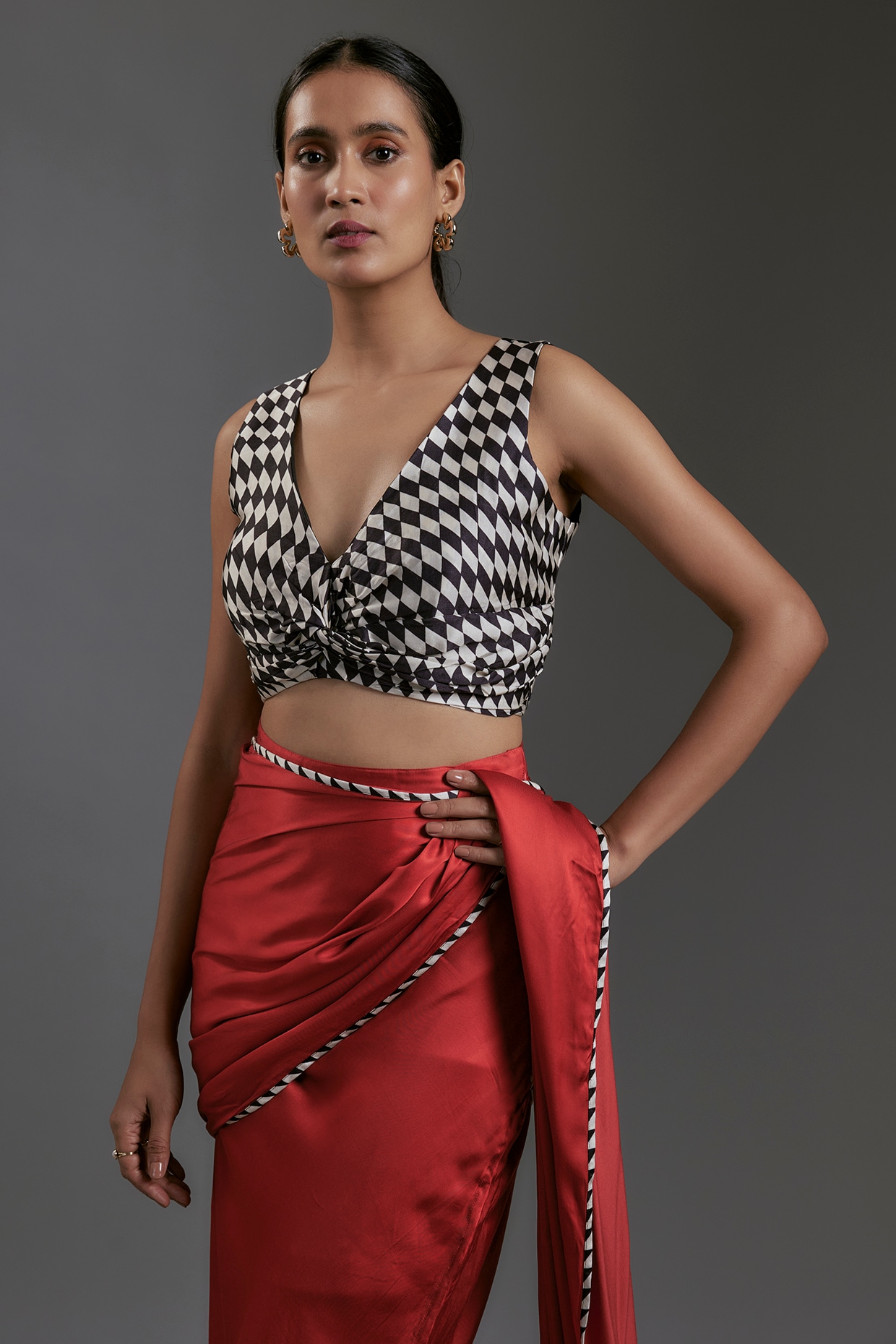 Black & White Modal Satin Twisted Blouse by Gulabo By Abu Sandeep at Pernia's Pop Up Shop 2024