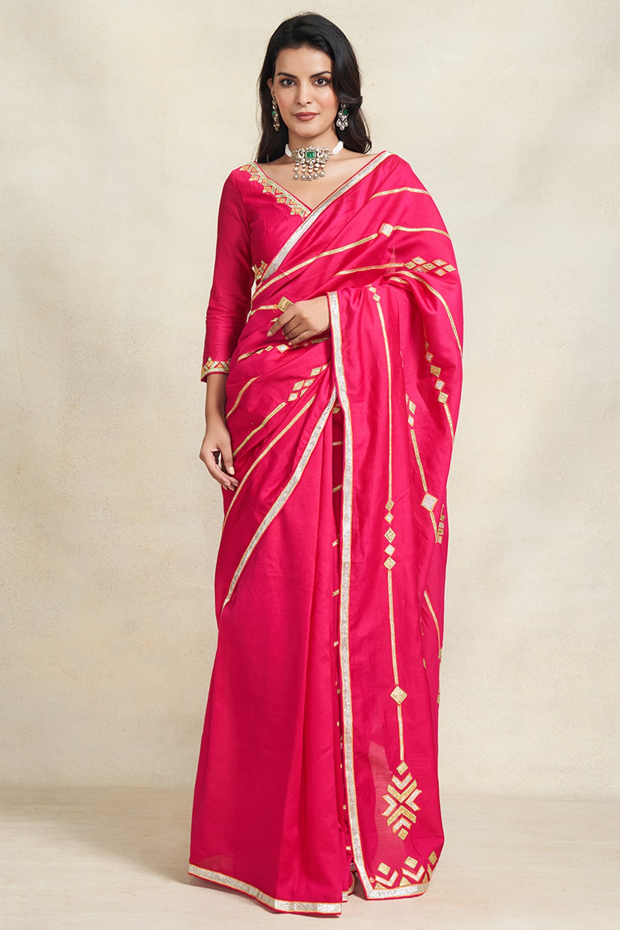 Rani Pink Chanderi Gota Work Blouse by Gulabo By Abu Sandeep at Pernia's Pop Up Shop 2024