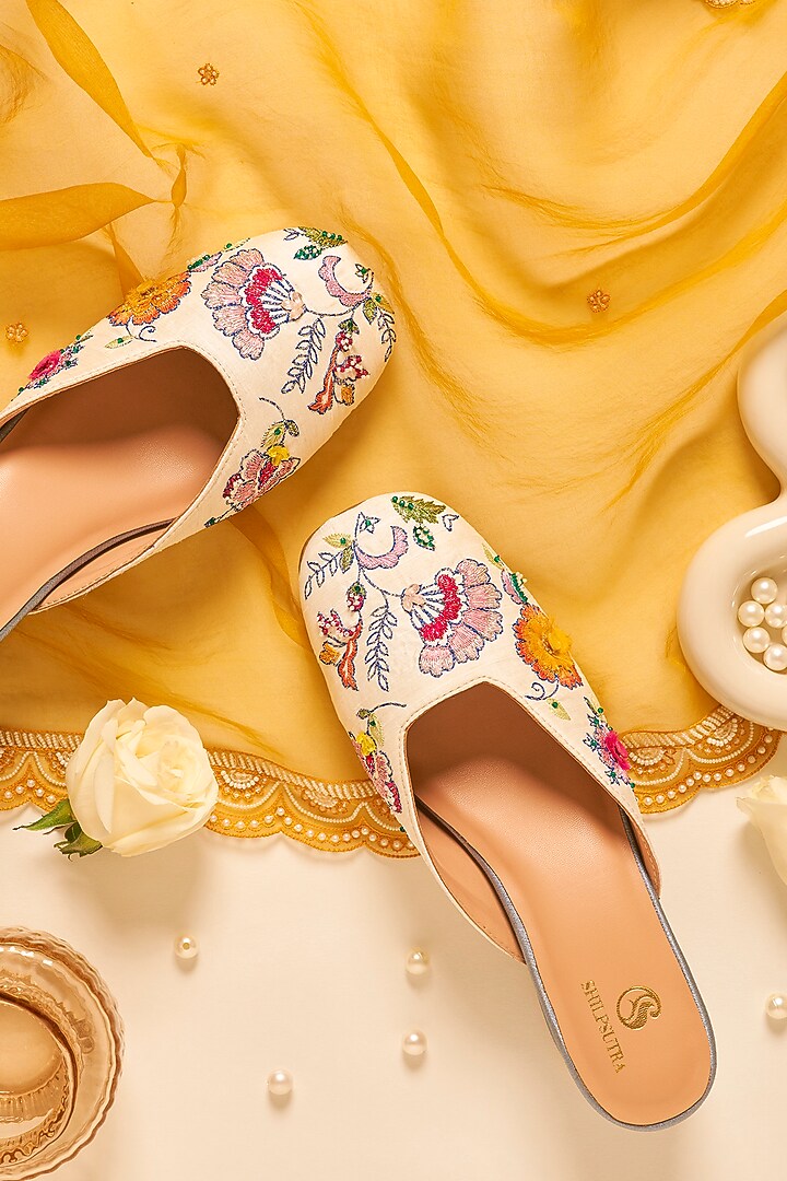 White Faux Leather Hand Painted Mules by Shilpsutra at Pernia's Pop Up Shop 2025