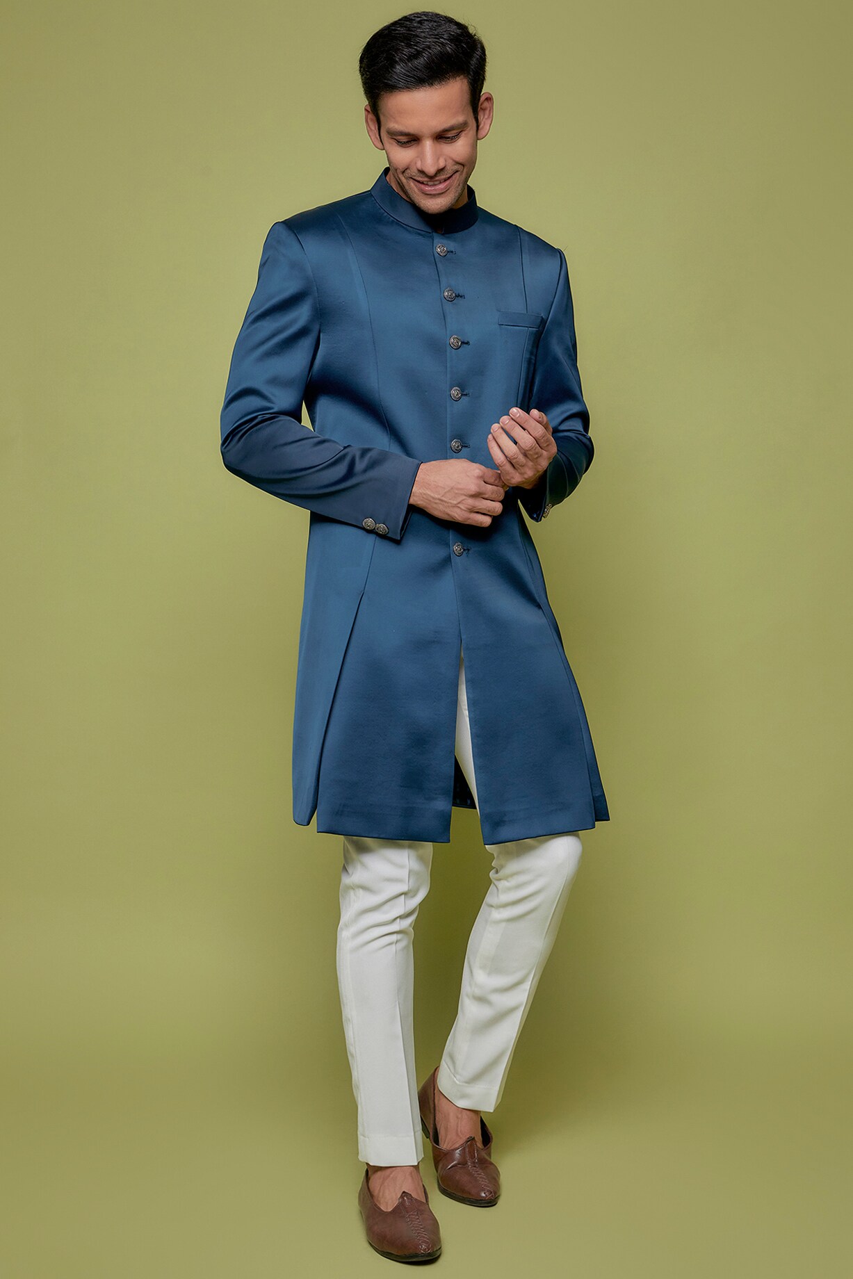 Buy SVEN SUITS Teal Blue Imported Satin Achkan Jacket Set at Pernia ...