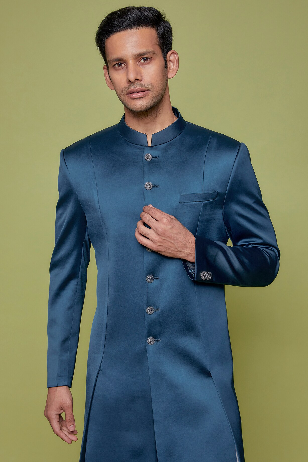 Buy SVEN SUITS Teal Blue Imported Satin Achkan Jacket Set at Pernia ...