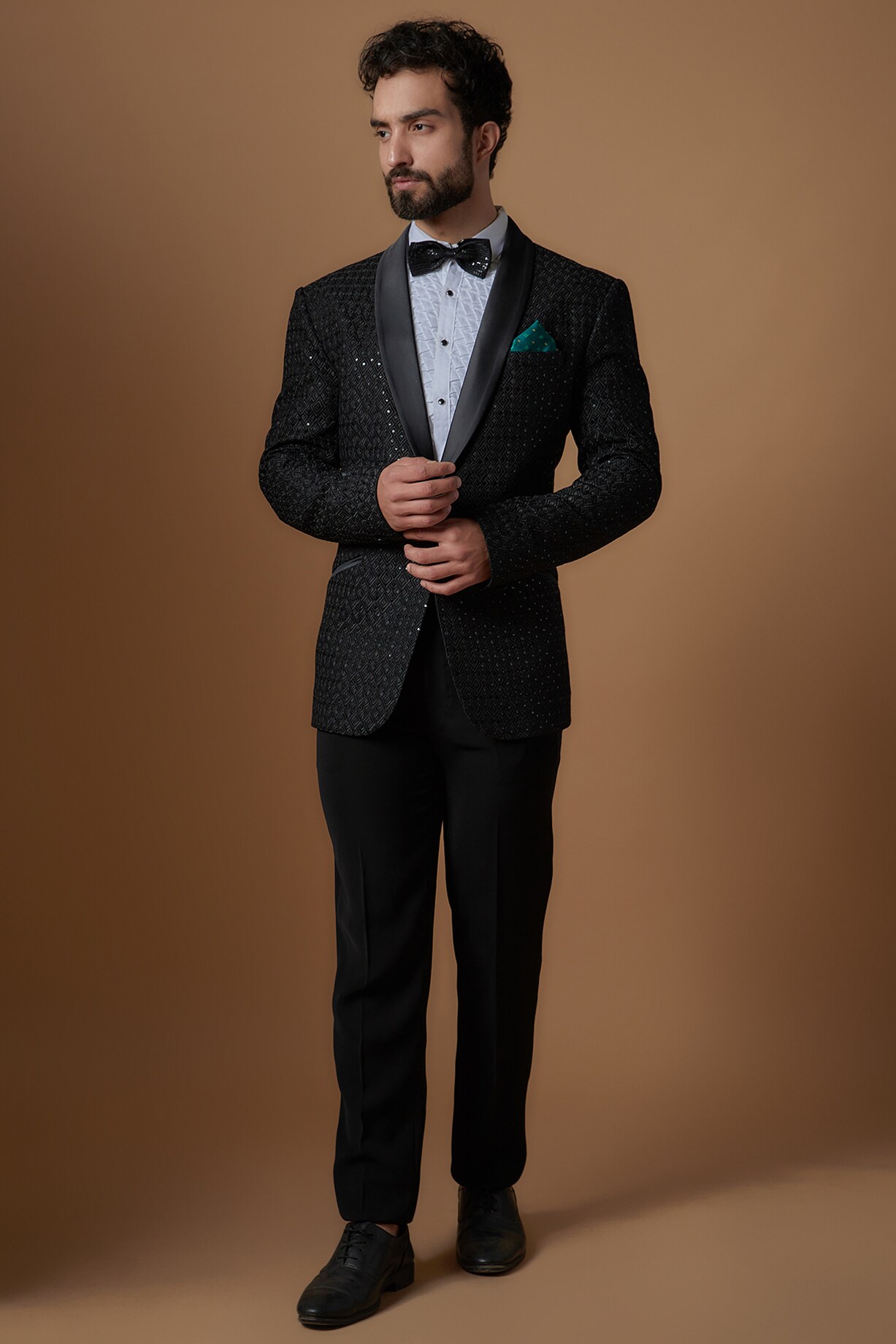 Black Japanese Four Way Stretch Embroidered Tuxedo Set by SVEN SUITS at Pernia's Pop Up Shop 2025
