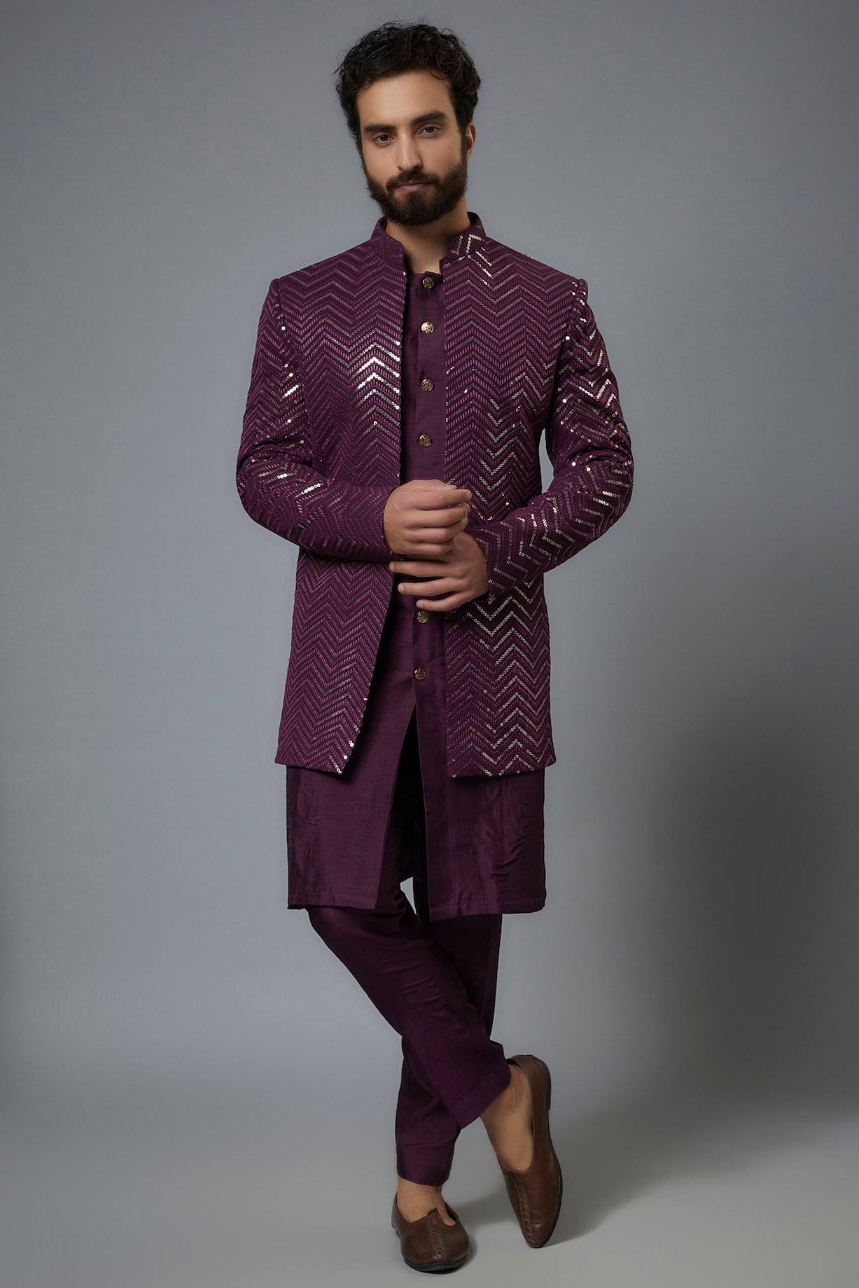 Buy SVEN SUITS Purple Georgette Embroidered Indowestern Set at Pernia ...