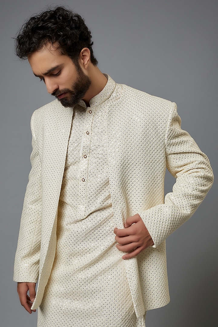 Buy SVEN SUITS Cream Georgette Embroidered Jodhpuri Jacket Set at Pernia'sPopUpShopMen 2025