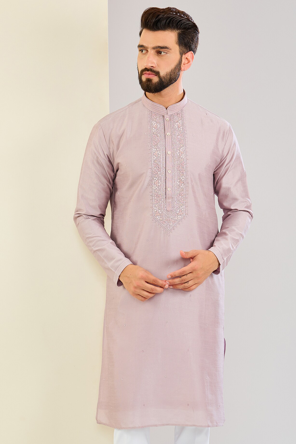 Mauve Silk Hand & Machine Embroidered Kurta Set by SVEN SUITS at Pernia ...