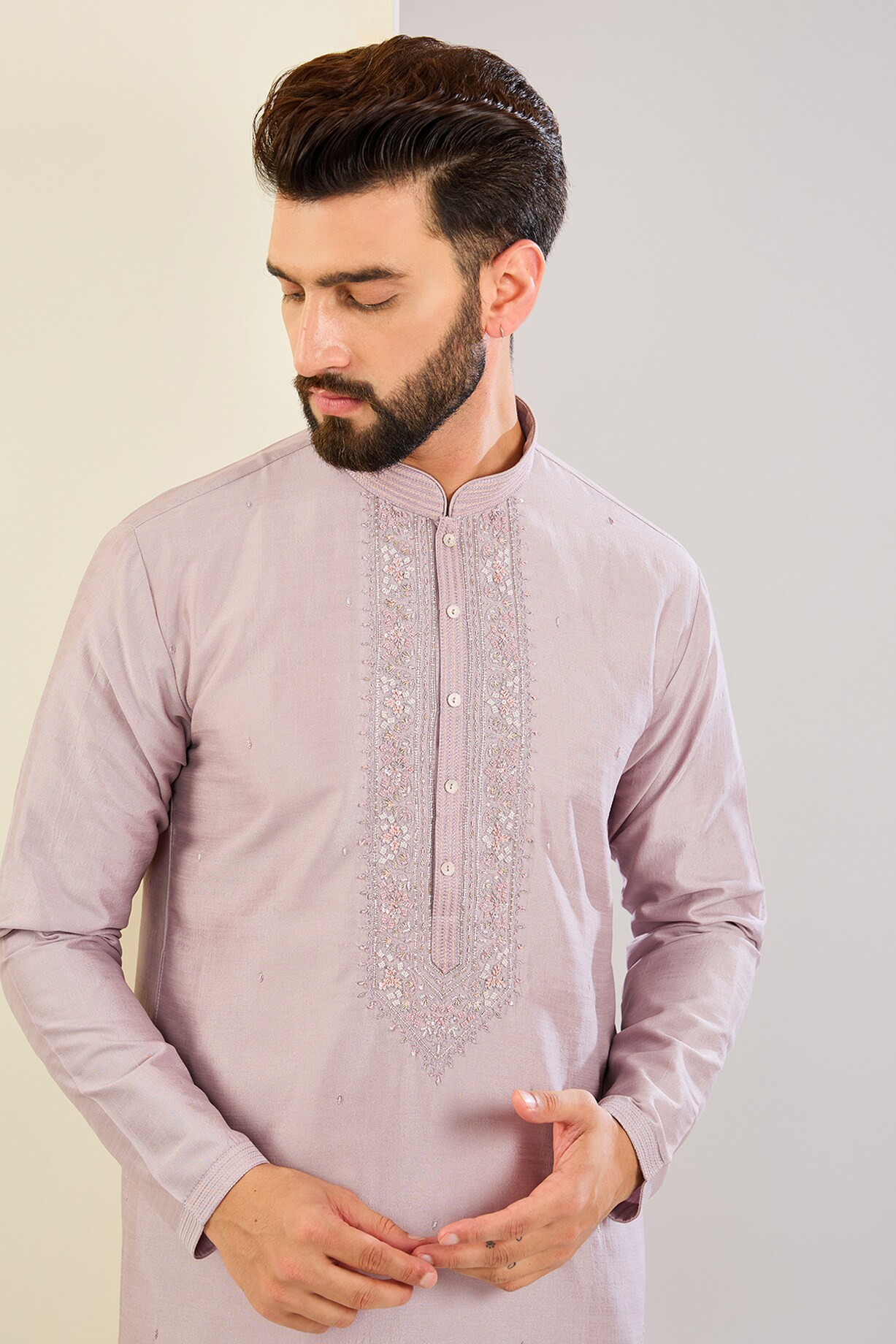Mauve Silk Hand & Machine Embroidered Kurta Set by SVEN SUITS at Pernia ...