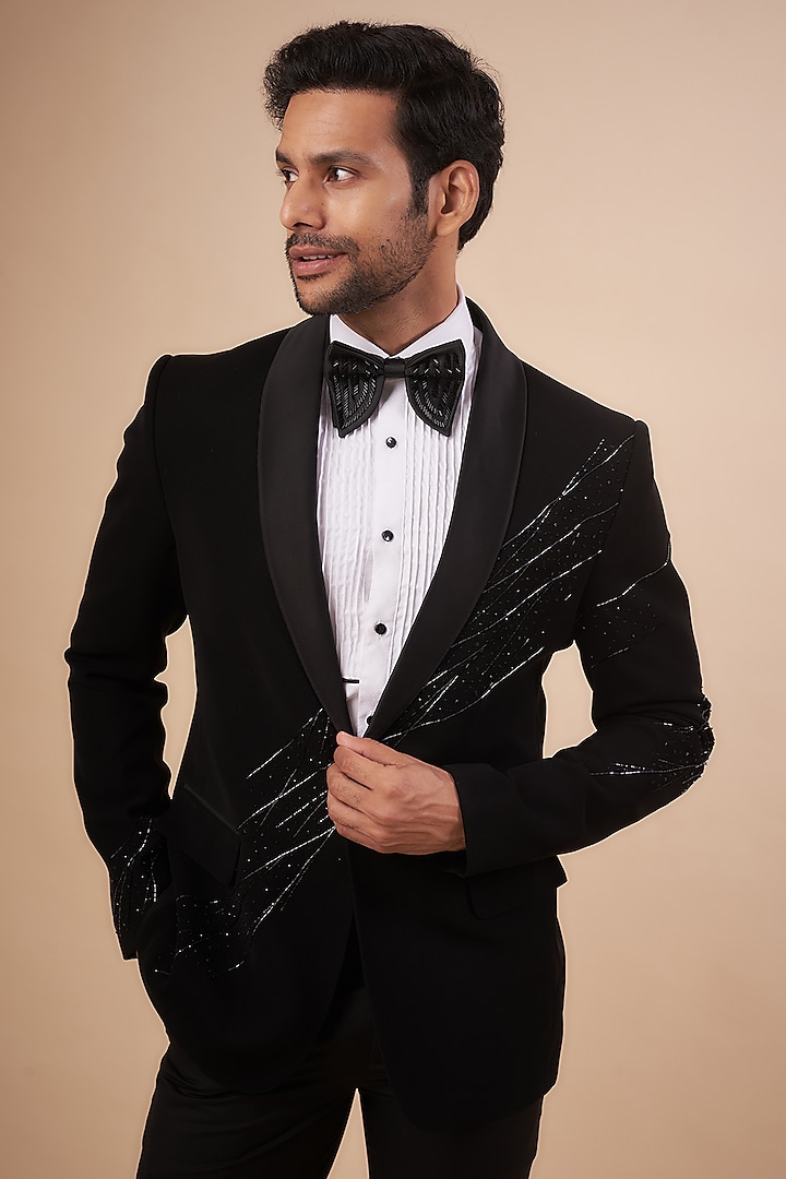 Black Japanese Polyester Stretch Tuxedo Set by SVEN SUITS at Pernia's Pop Up Shop 2025