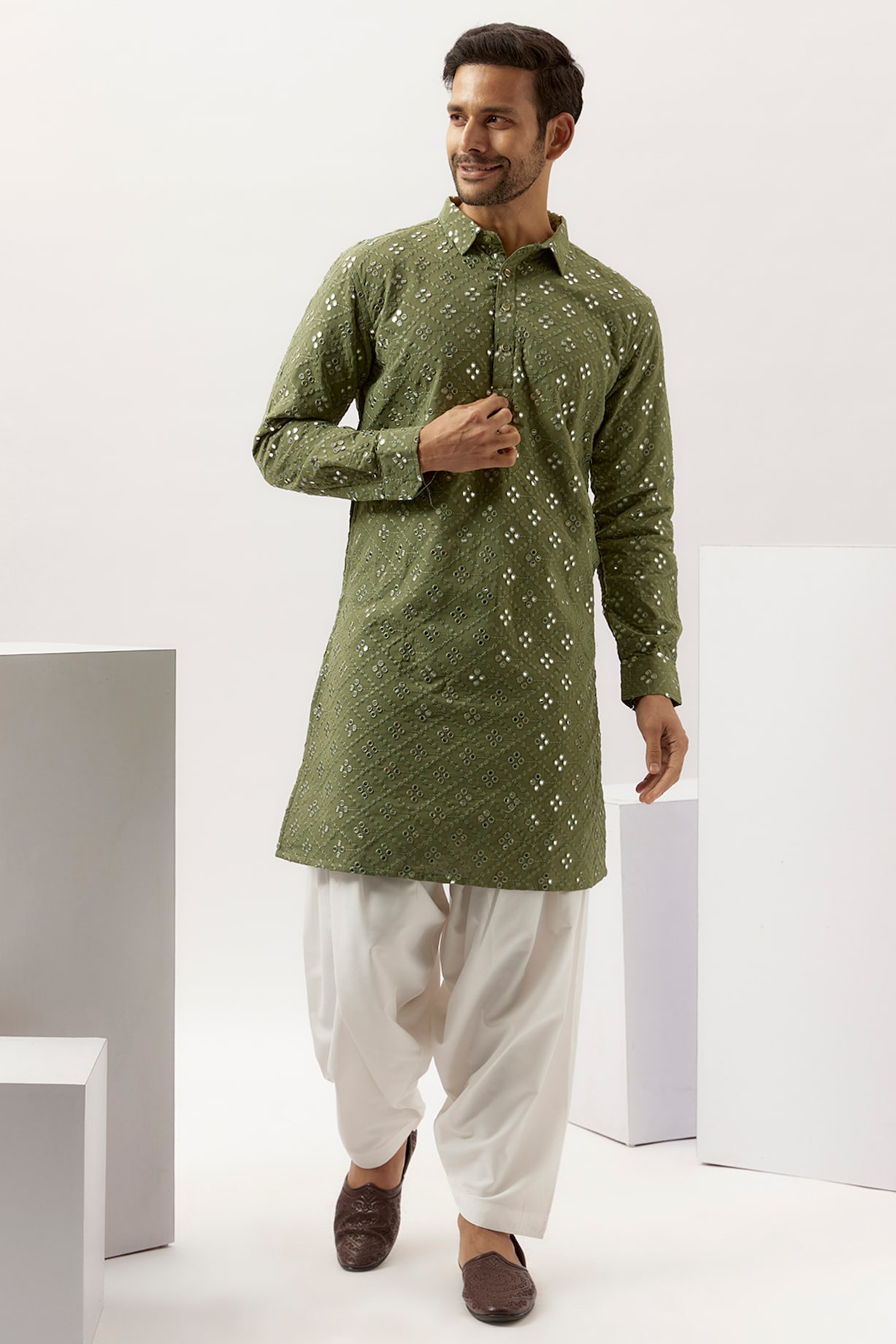 Mehendi Green Georgette Mirror Embroidered Pathani Kurta Set by SVEN ...