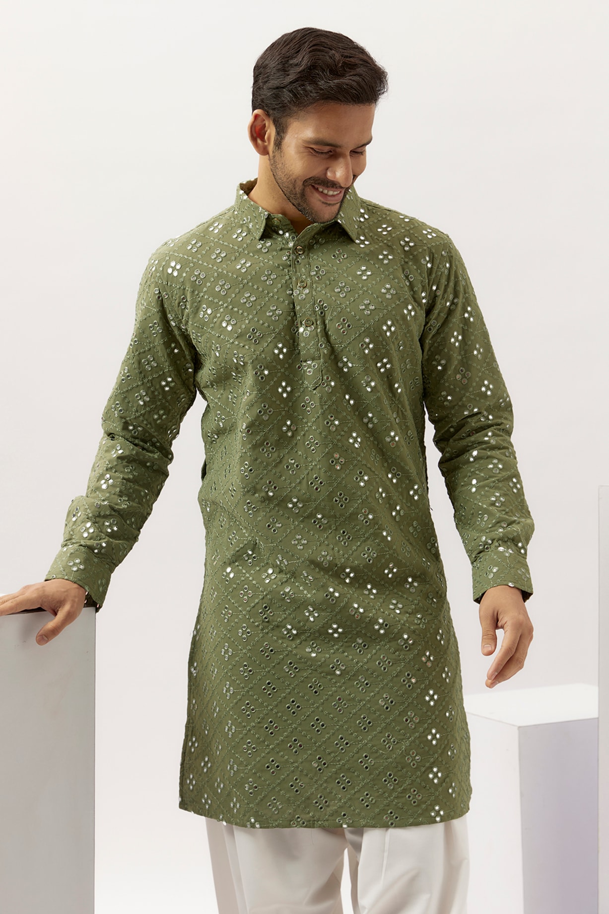 Mehendi Green Georgette Mirror Embroidered Pathani Kurta Set by SVEN ...