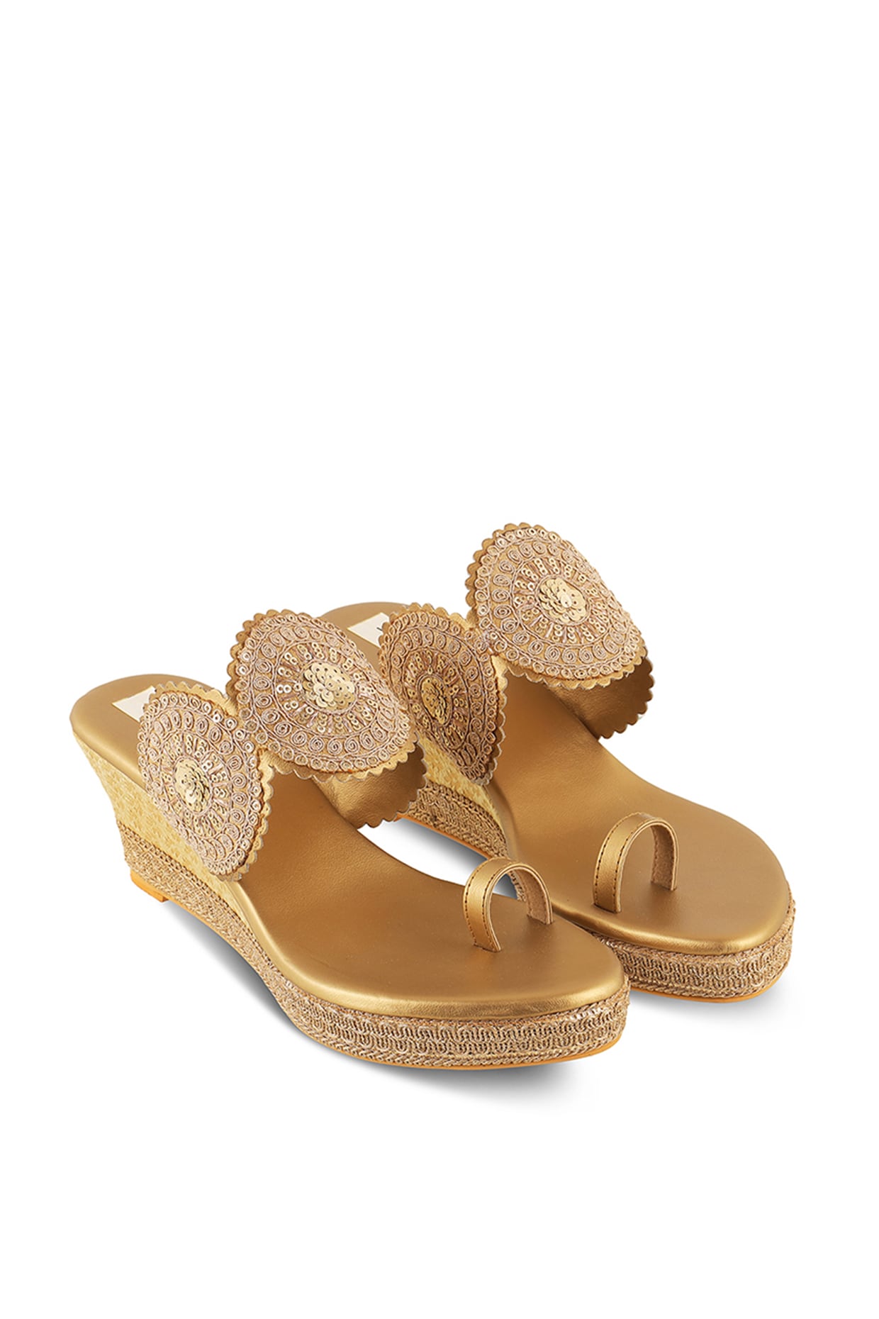 Antique Gold Faux Leather Embellished Wedges by Stoffa Bride at Pernia ...