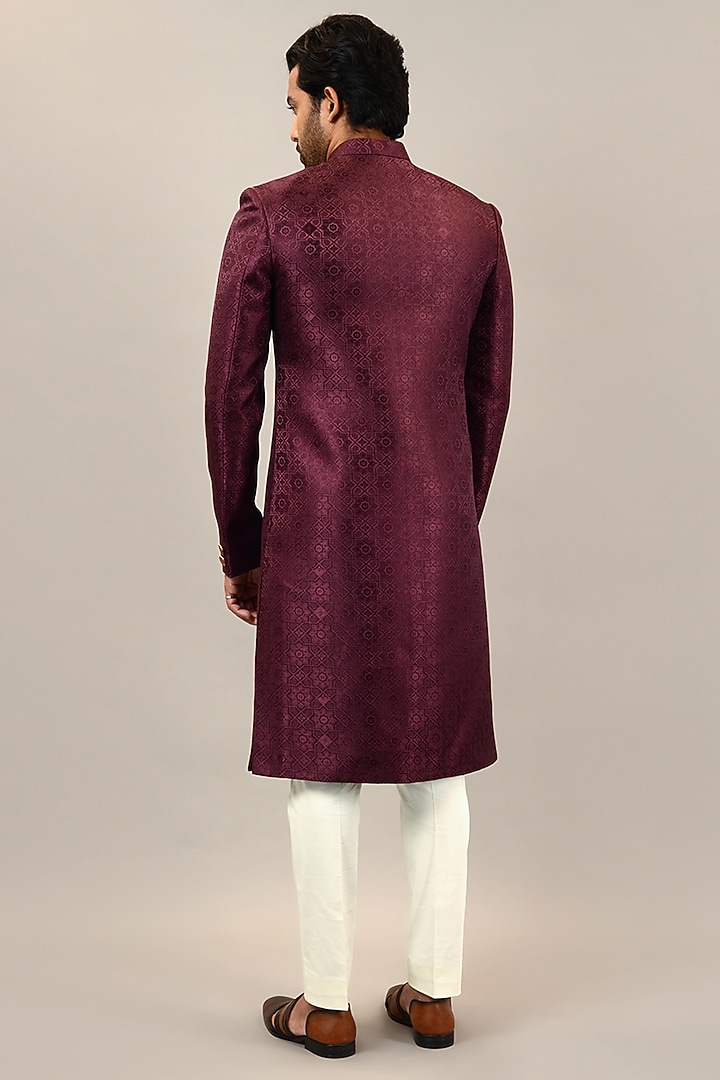 Wine Jacquard Embroidered Nawabi Wedding Sherwani Set by STEEL at ...