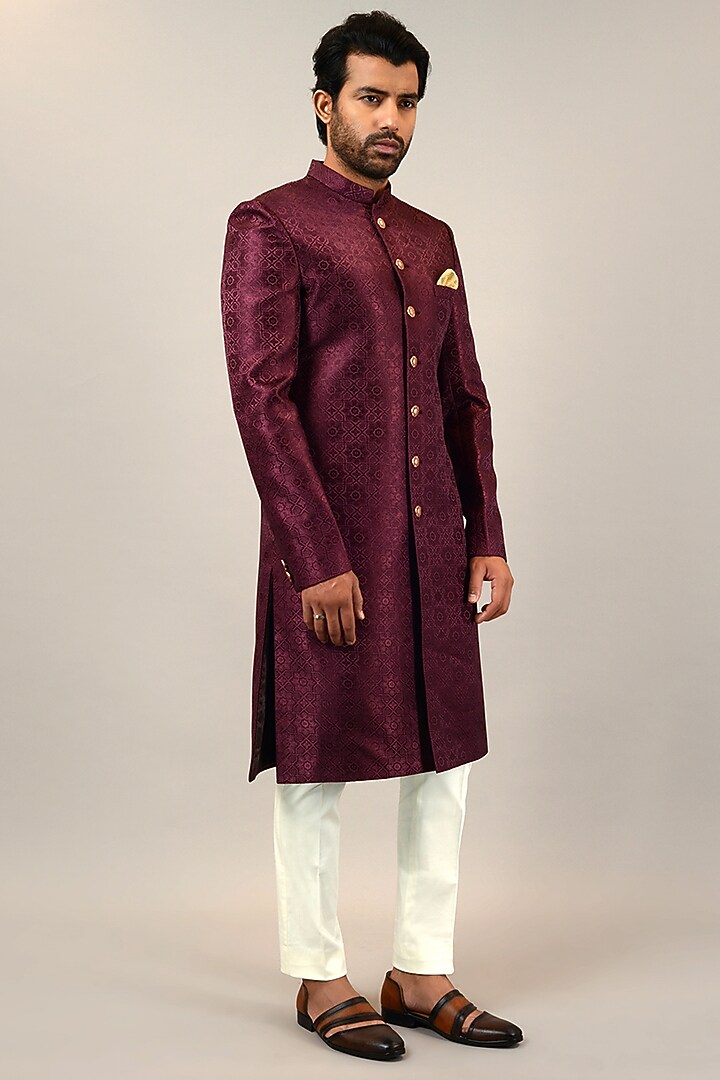 Wine Jacquard Embroidered Nawabi Wedding Sherwani Set by STEEL at ...