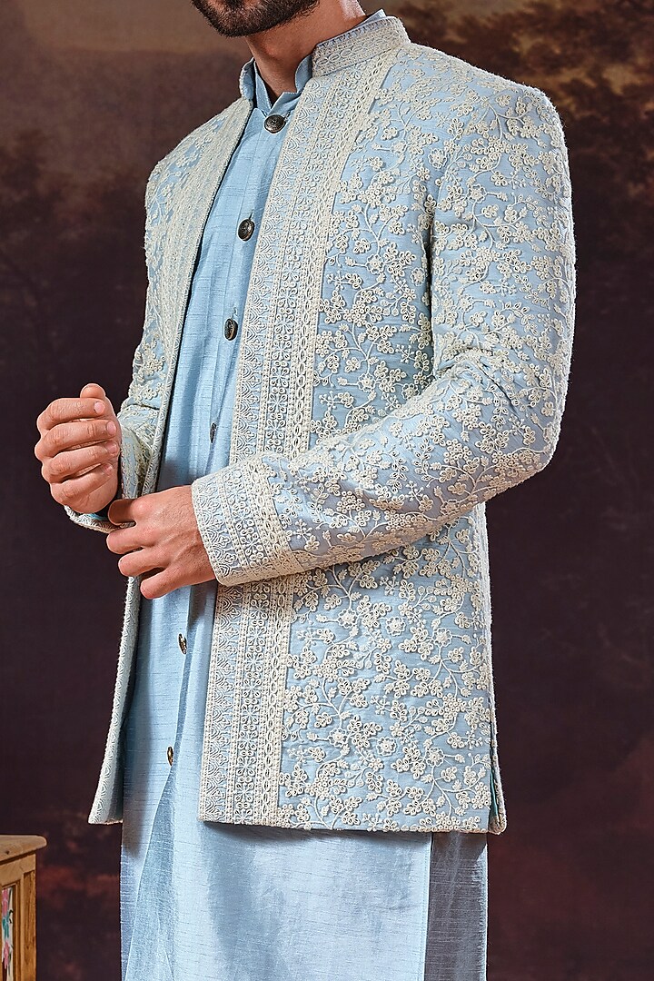 Buy STEEL Sky Blue Embroidered Indo-Western Set at Pernia'sPopUpShopMen 2024
