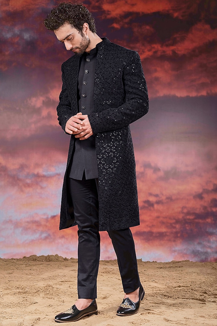 Buy STEEL Black Embroidered Indo-Western Set at Pernia'sPopUpShopMen 2024