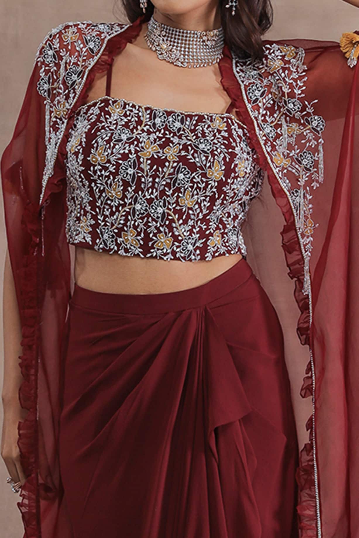 Maroon Organza & Georgette Draped Skirt Set Design by Seema Thukral at ...