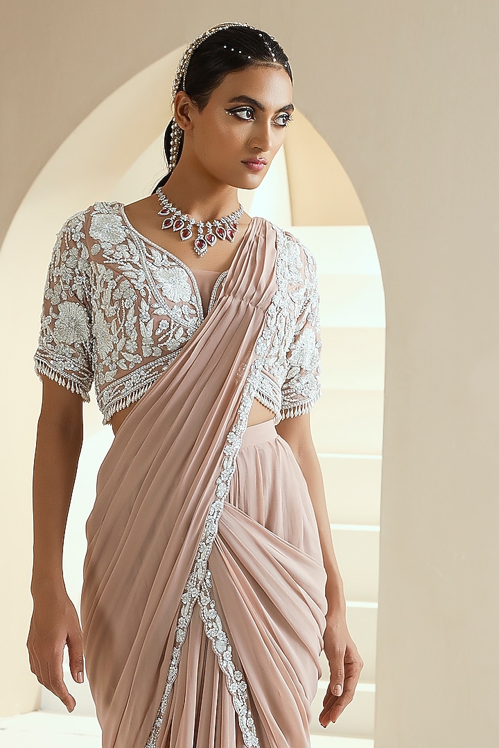 Champagne Embroidered Pre-Stitched Saree Set by Seema Thukral at Pernia ...