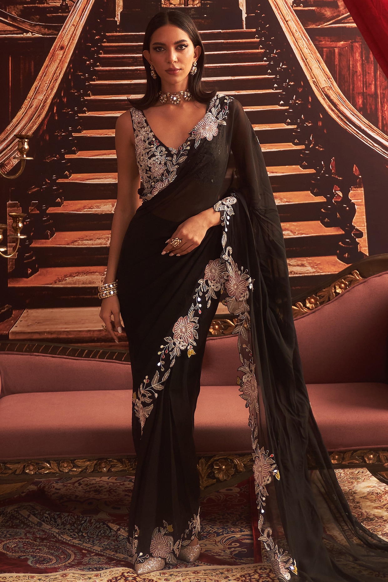 Black Georgette Pre-Draped Ruffled Saree Set by Seema Thukral at Pernia's Pop Up Shop 2025