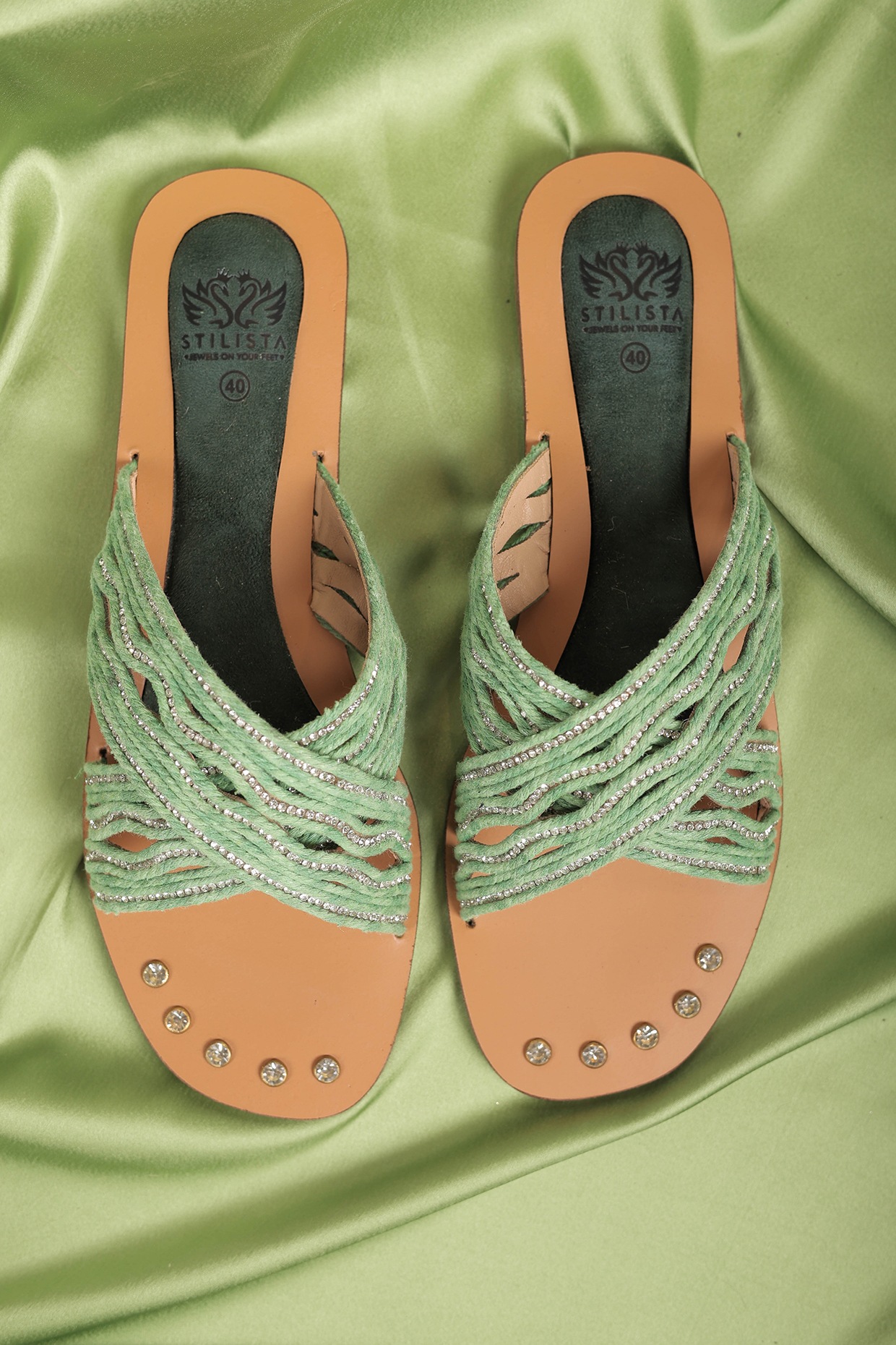 Green Synthetic Leather Embellished Round Toe Slides by STILISTA at ...